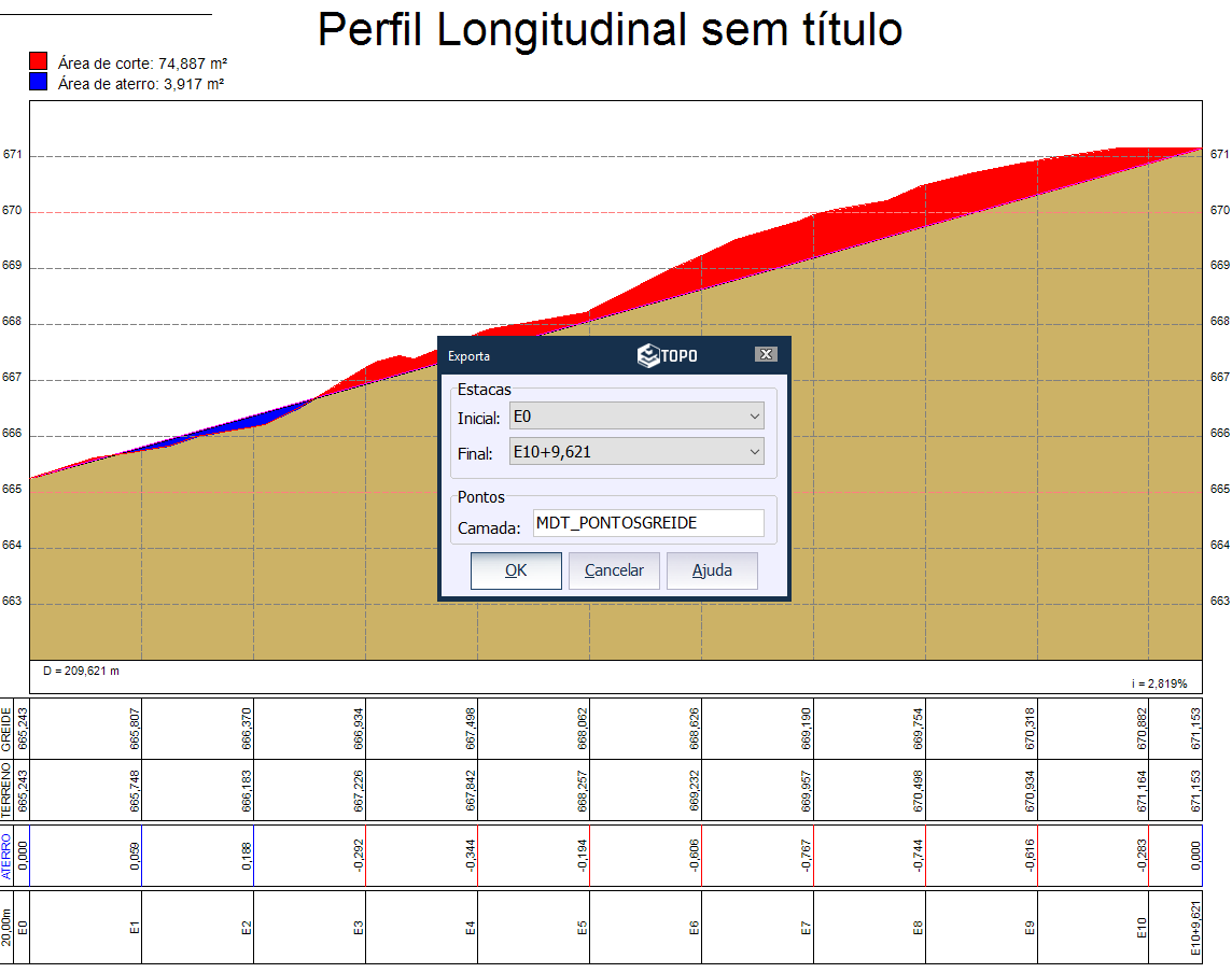 Perfil > Greide > Exportar cotas do greide – Materiais de Suporte Técnico