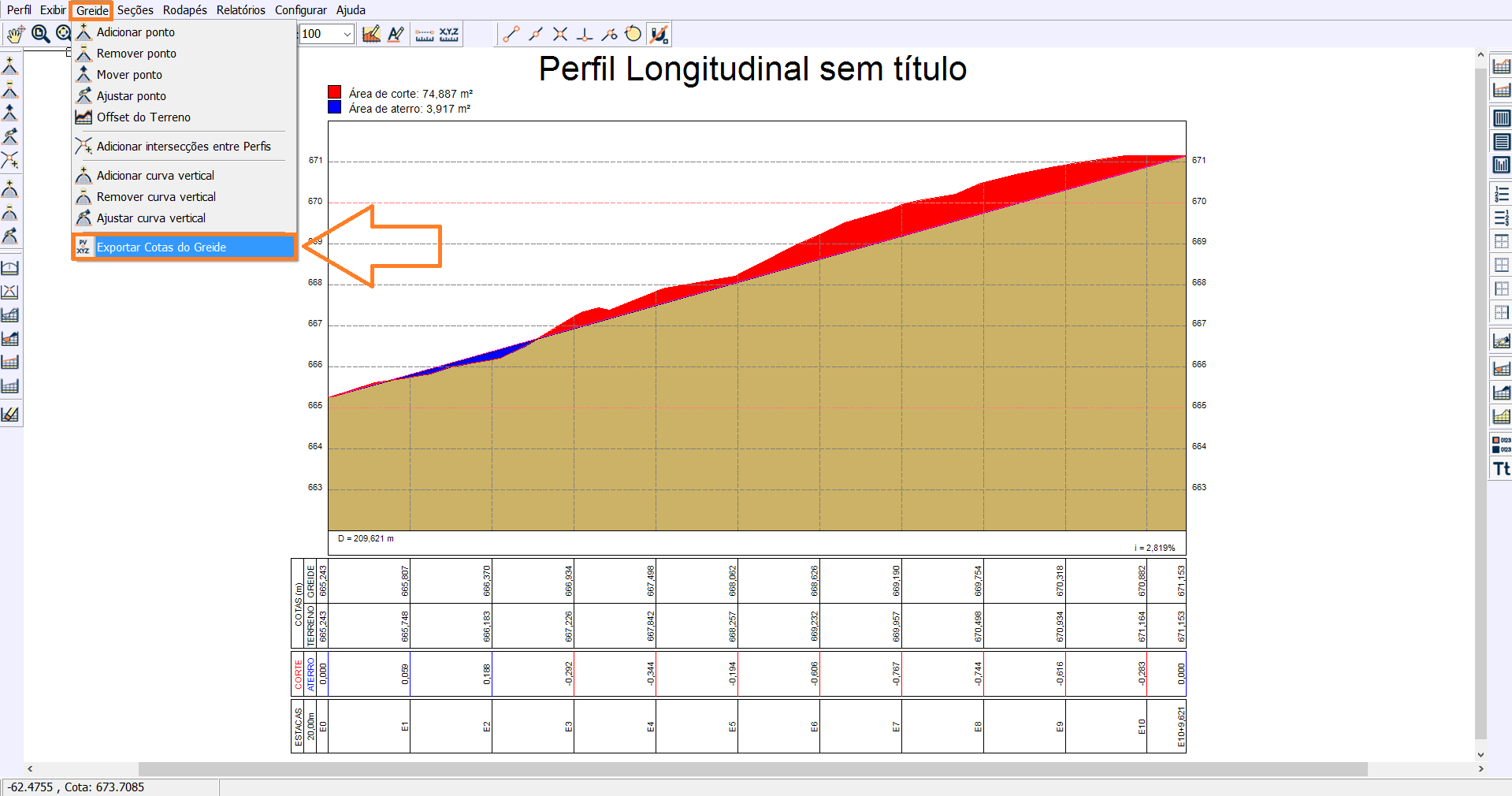 Perfil > Greide > Exportar cotas do greide – Materiais de Suporte Técnico
