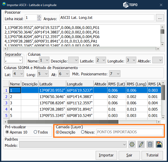 Importar: ASCII (Latitude e Longitude) – Materiais de Suporte Técnico
